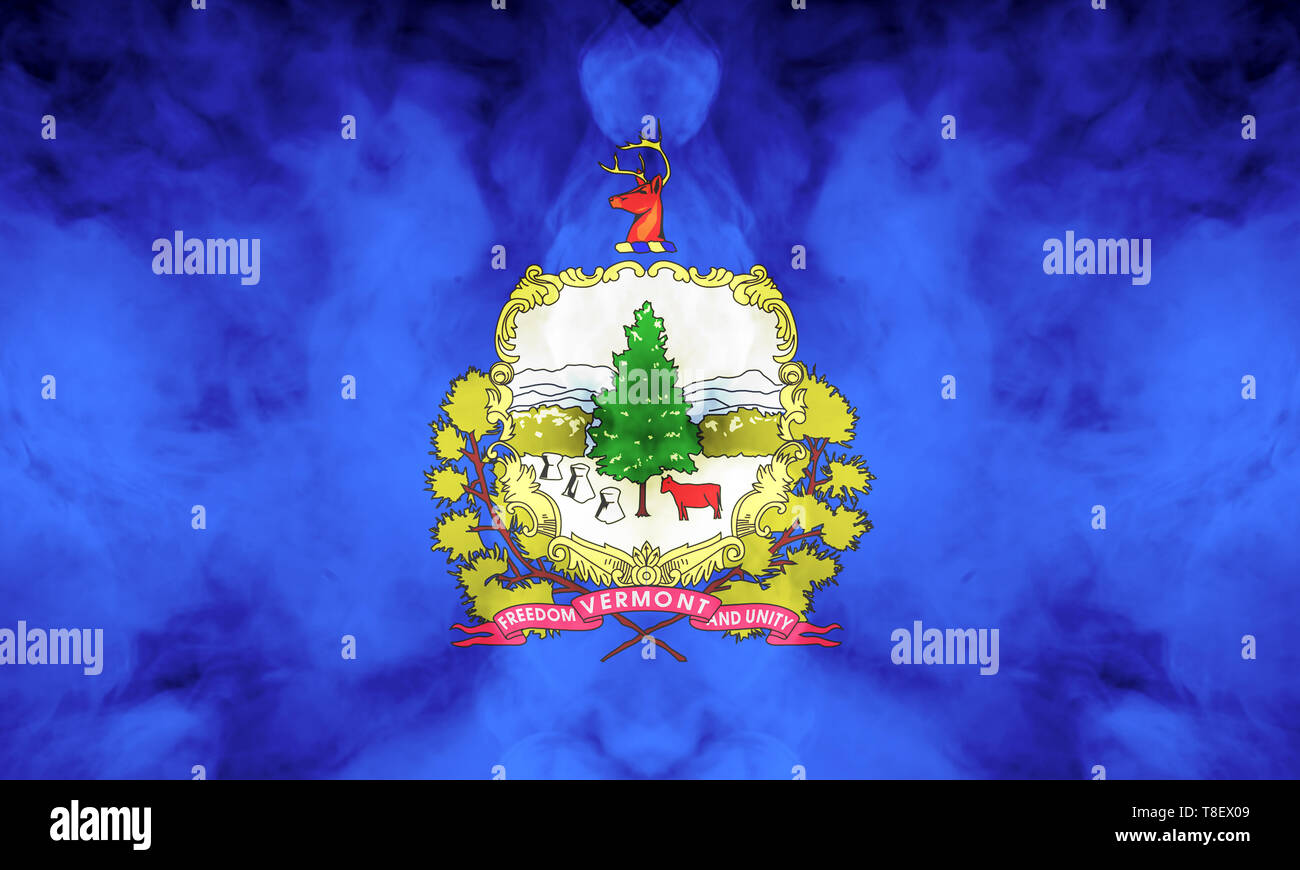 The national flag of the US state Vermont in against a gray smoke on ...