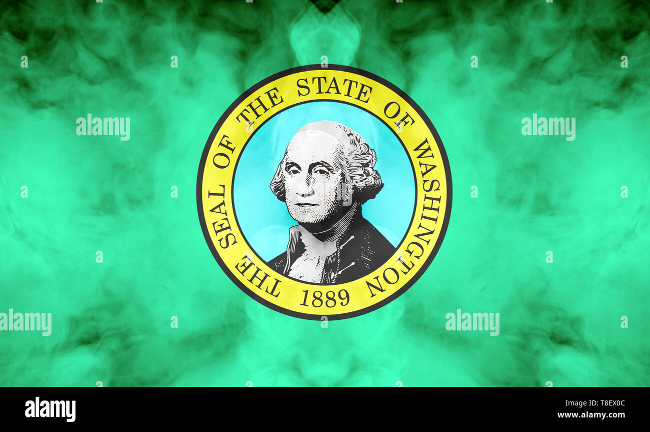 The national flag of the US state Washington in against a gray smoke on ...