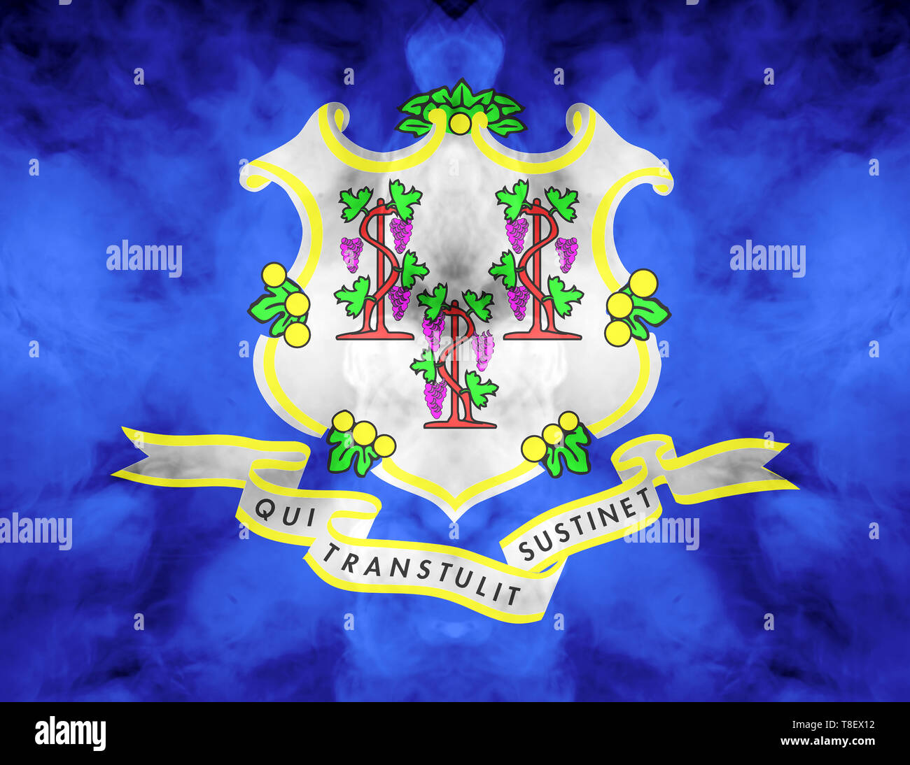 The national flag of the US state Connecticut in against a gray smoke ...