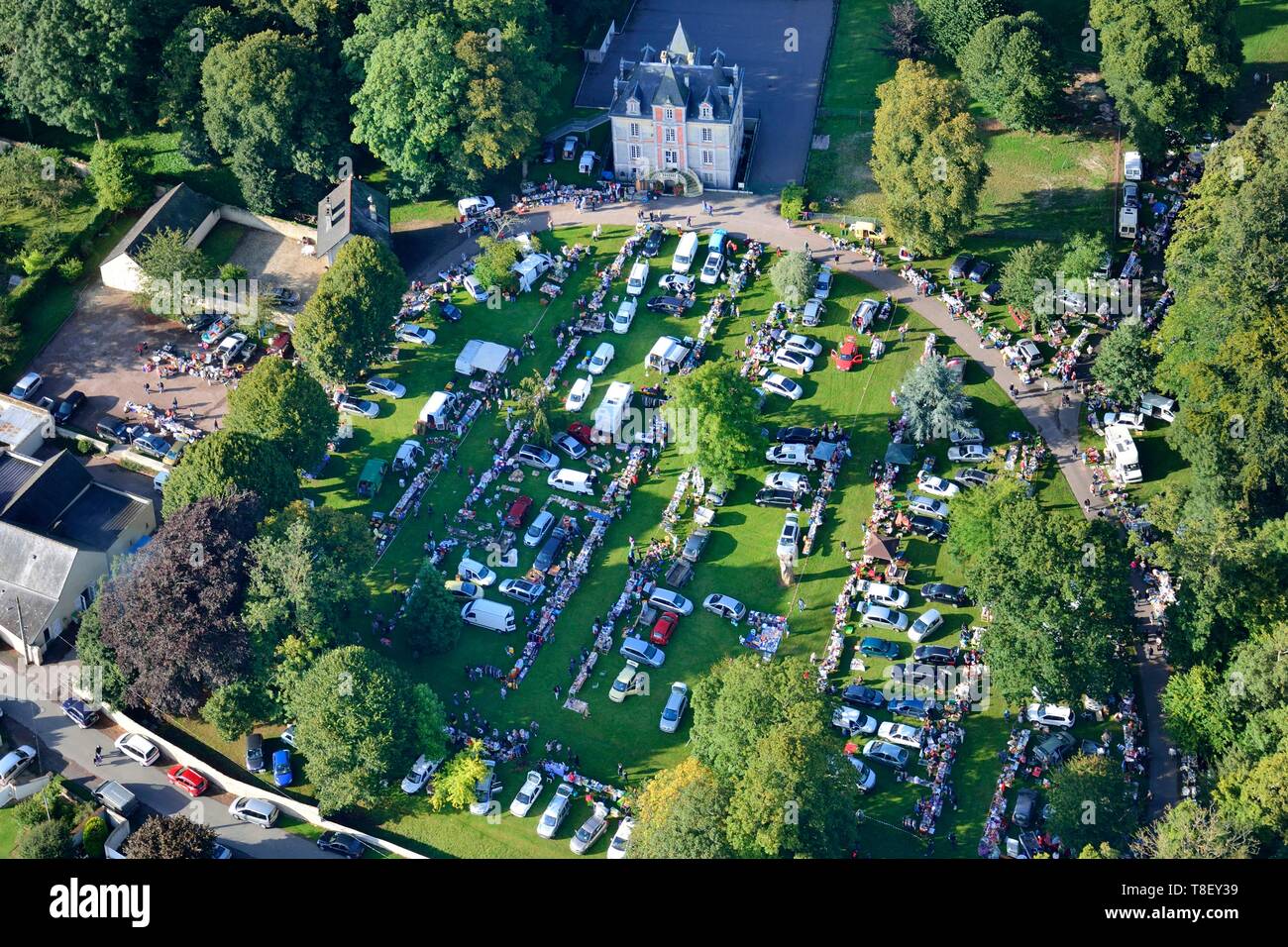 France, Calvados, Ryes, flea market in the castle park (aerial view ...