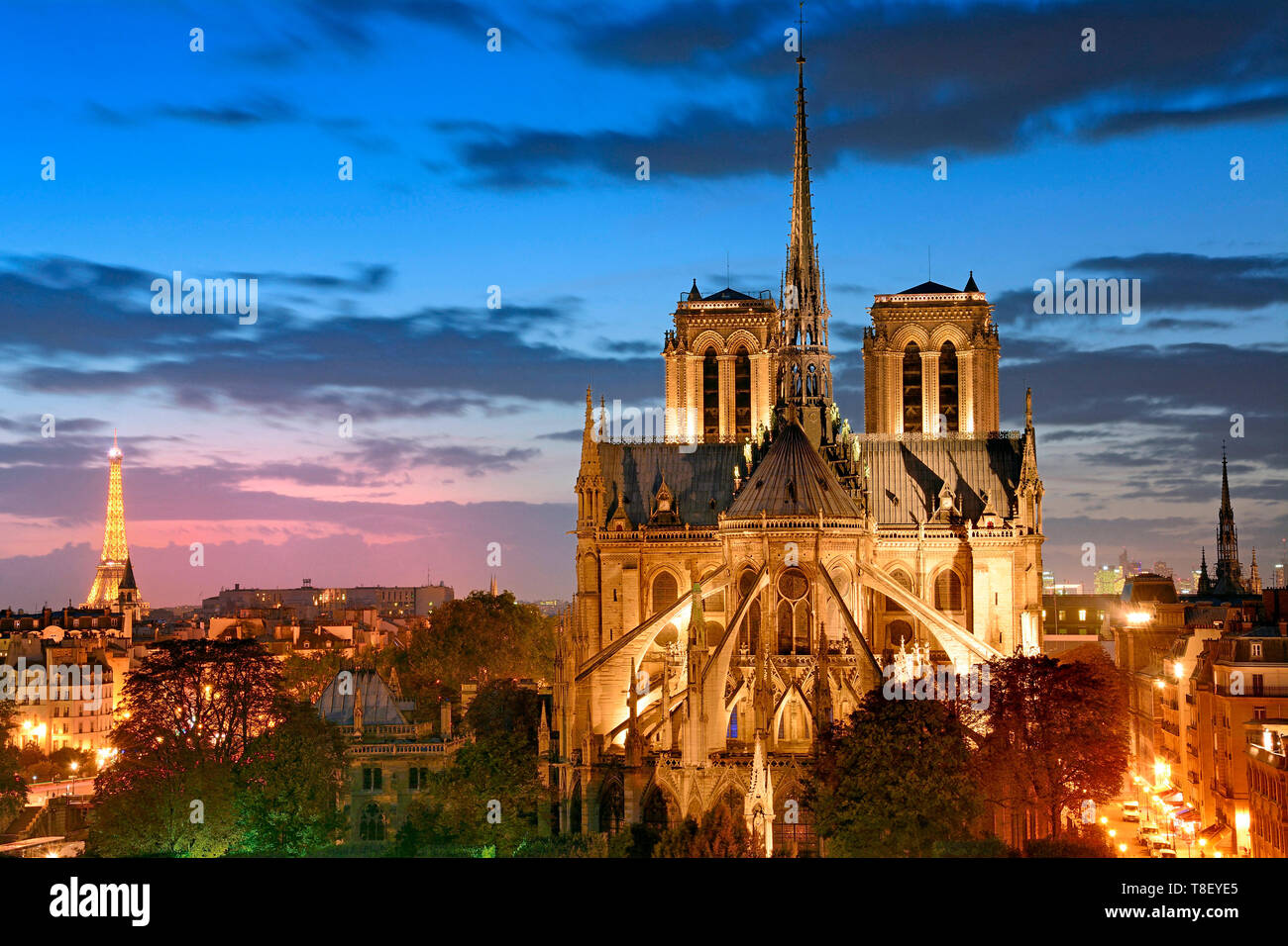 France, Paris, Notre Dame de Paris Cathedral and Eiffel Tower ...