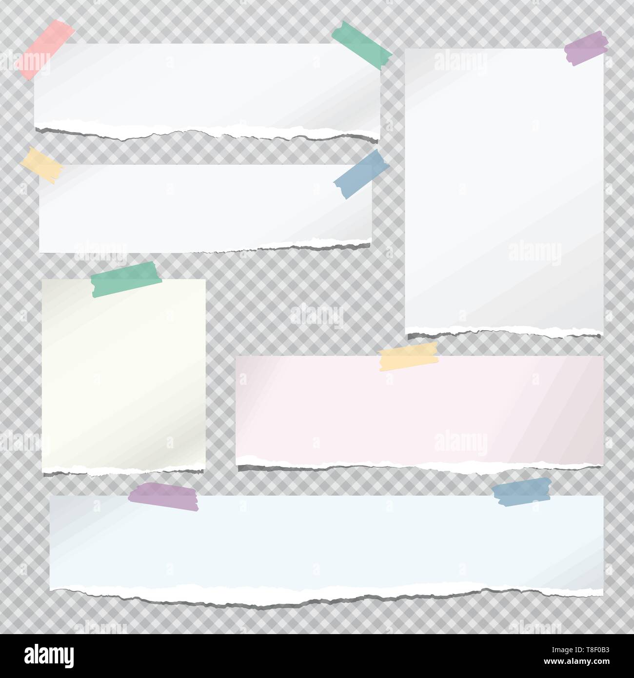 Set of white and colorful torn note, notebook paper strips stuck on ...