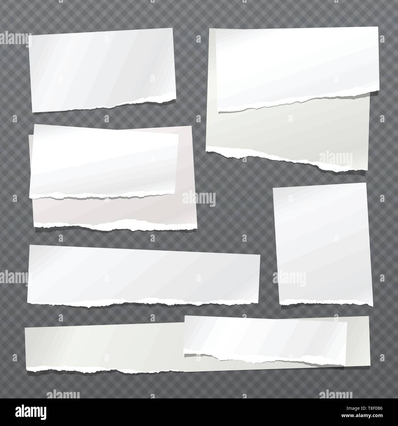 Set of torn note, notebook paper strips stuck on squared background ...