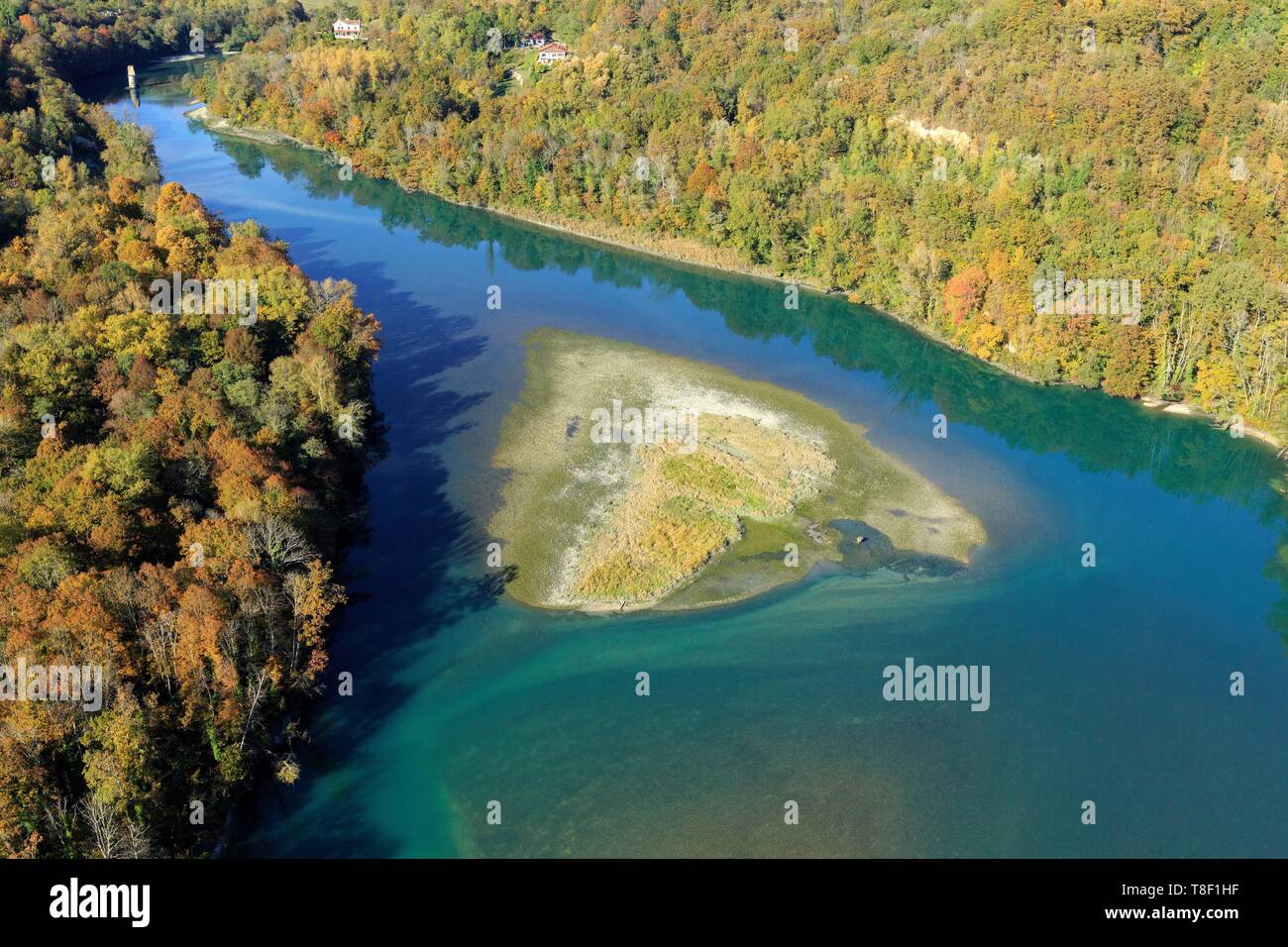 France, Haute Savoie, Ain, Challonges and Chanay, The Rhone (aerial ...