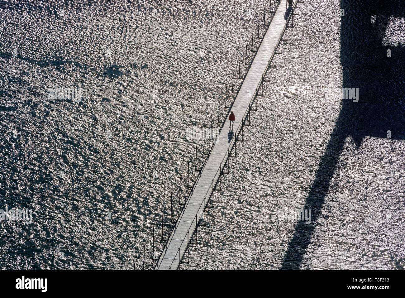 France, Ardeche, Rochemaure, the footbridge on the Rhone (aerial view ...