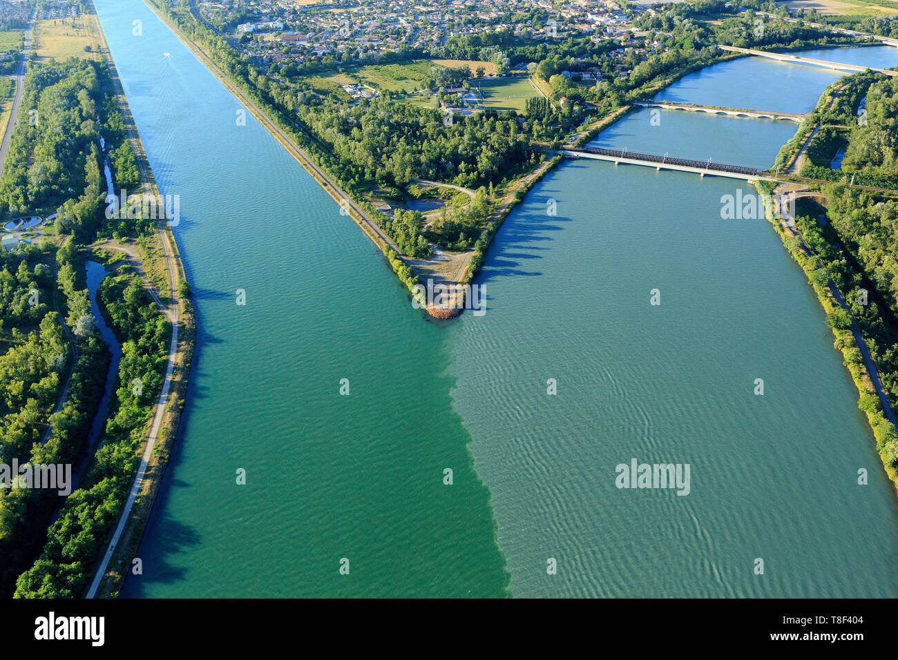 France, Drome, Pont de l'Isere, confluence of Isere and Rhone (aerial ...