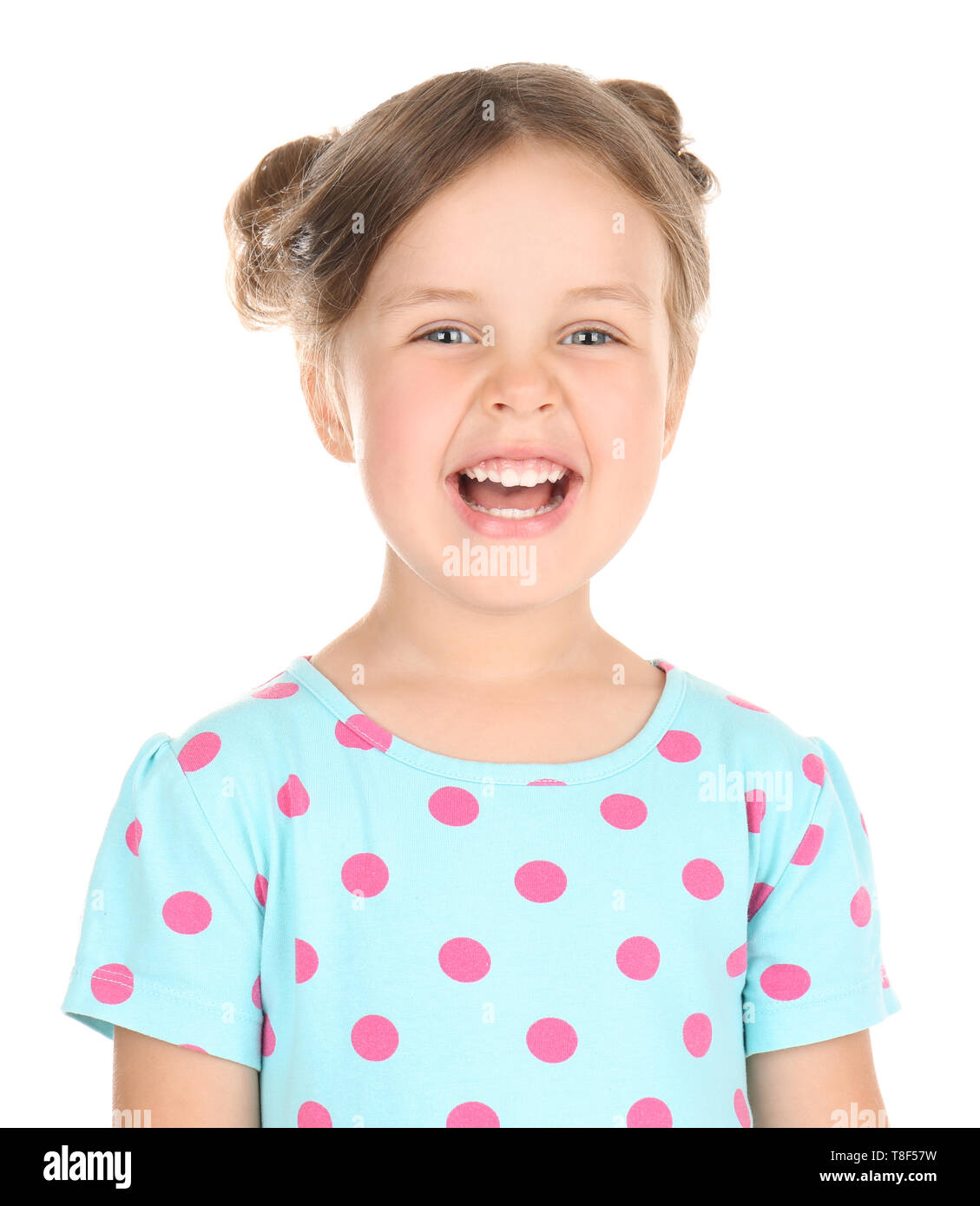 Happy little girl on white background Stock Photo - Alamy
