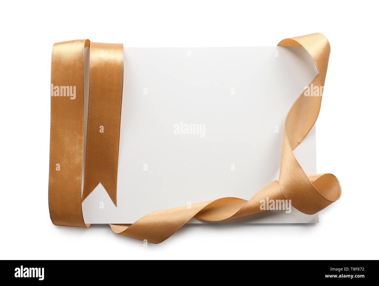 Blank sheet of paper with golden ribbon on white background Stock Photo ...