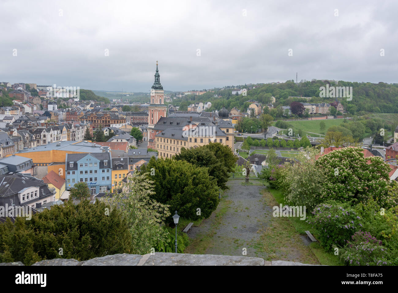 Greiz, Germany - May 12, 2019: View of the city of Greiz with the ...