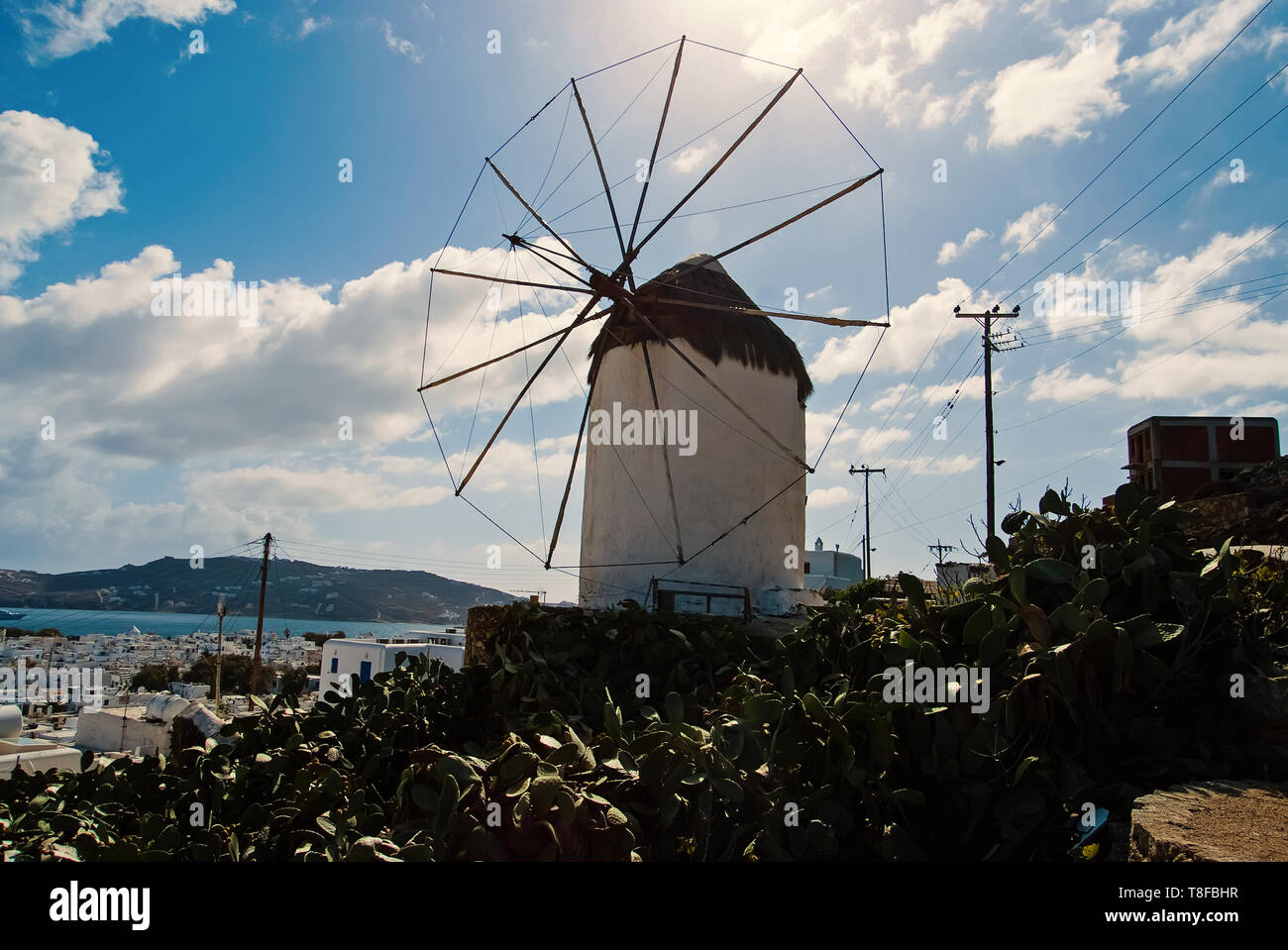 Windmill in Mykonos, Greece. Windmill on mountain landscape by sea ...