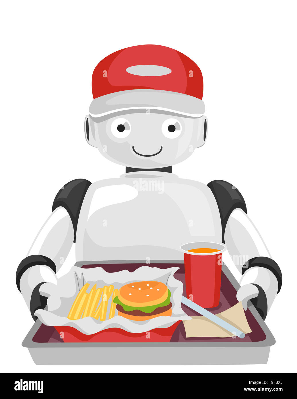 Illustration of a Robot Wearing Cap and Holding a Tray of Fast Food ...