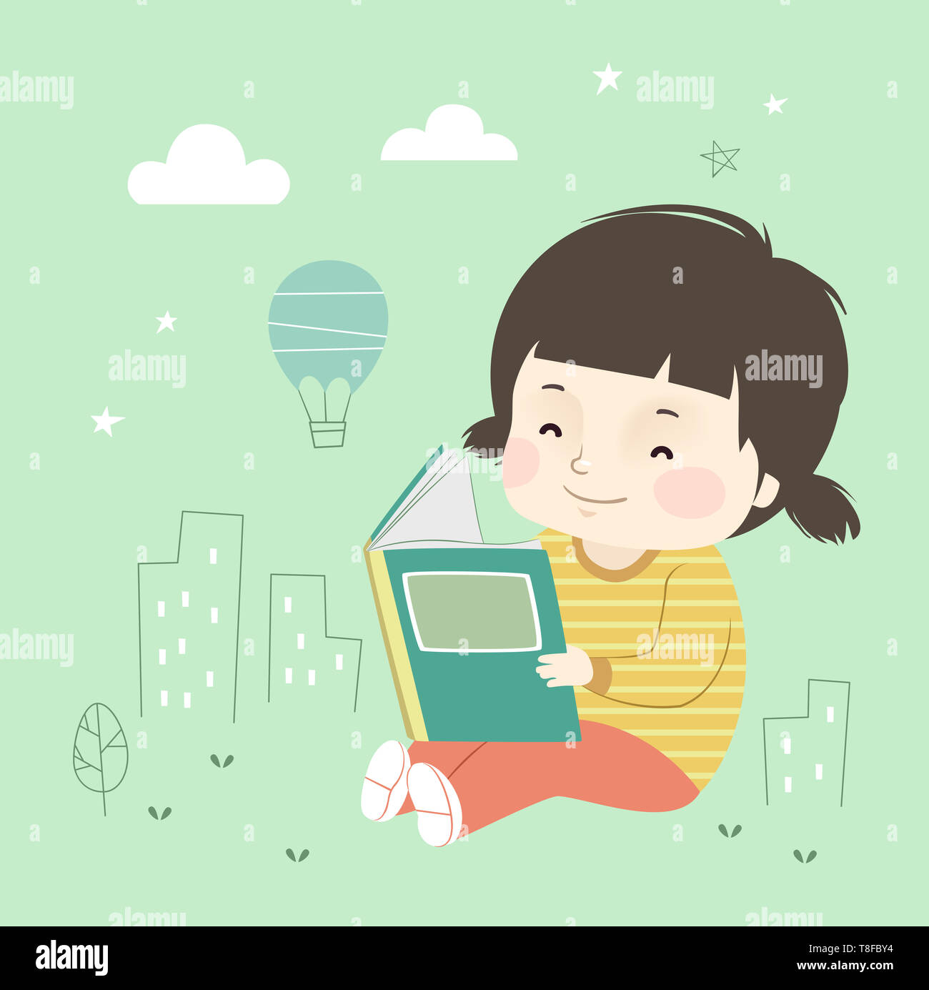 Illustration of a Kid Girl Reading a Book and Sitting with a Little ...