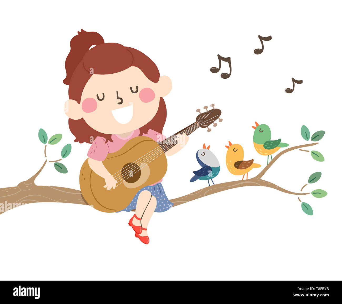 Illustration of a Kid Girl on a Branch, Singing and Playing the Guitar ...