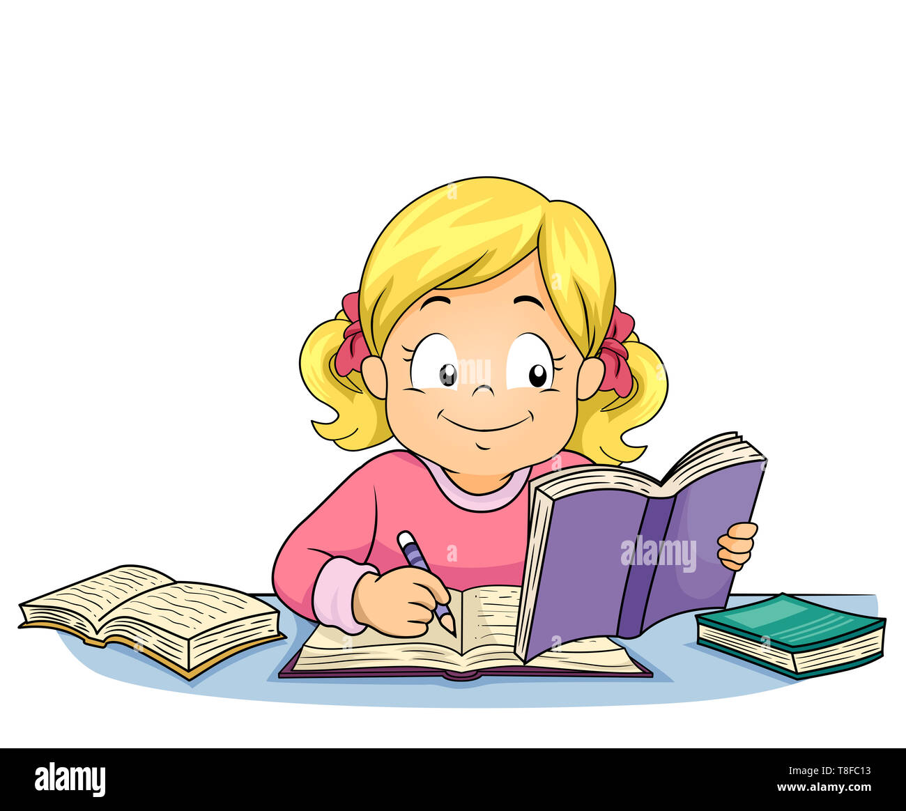 Illustration of a Kid Girl Writing, Studying and Reading a Book Stock ...
