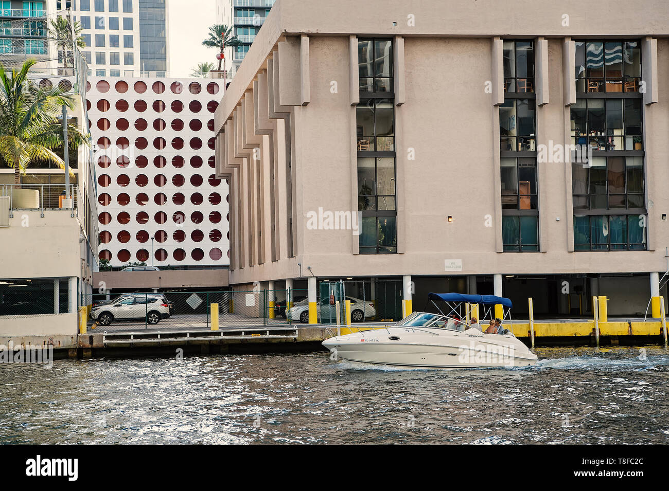 Miami, USA - January 30, 2016: motor boat floating on water surface on ...