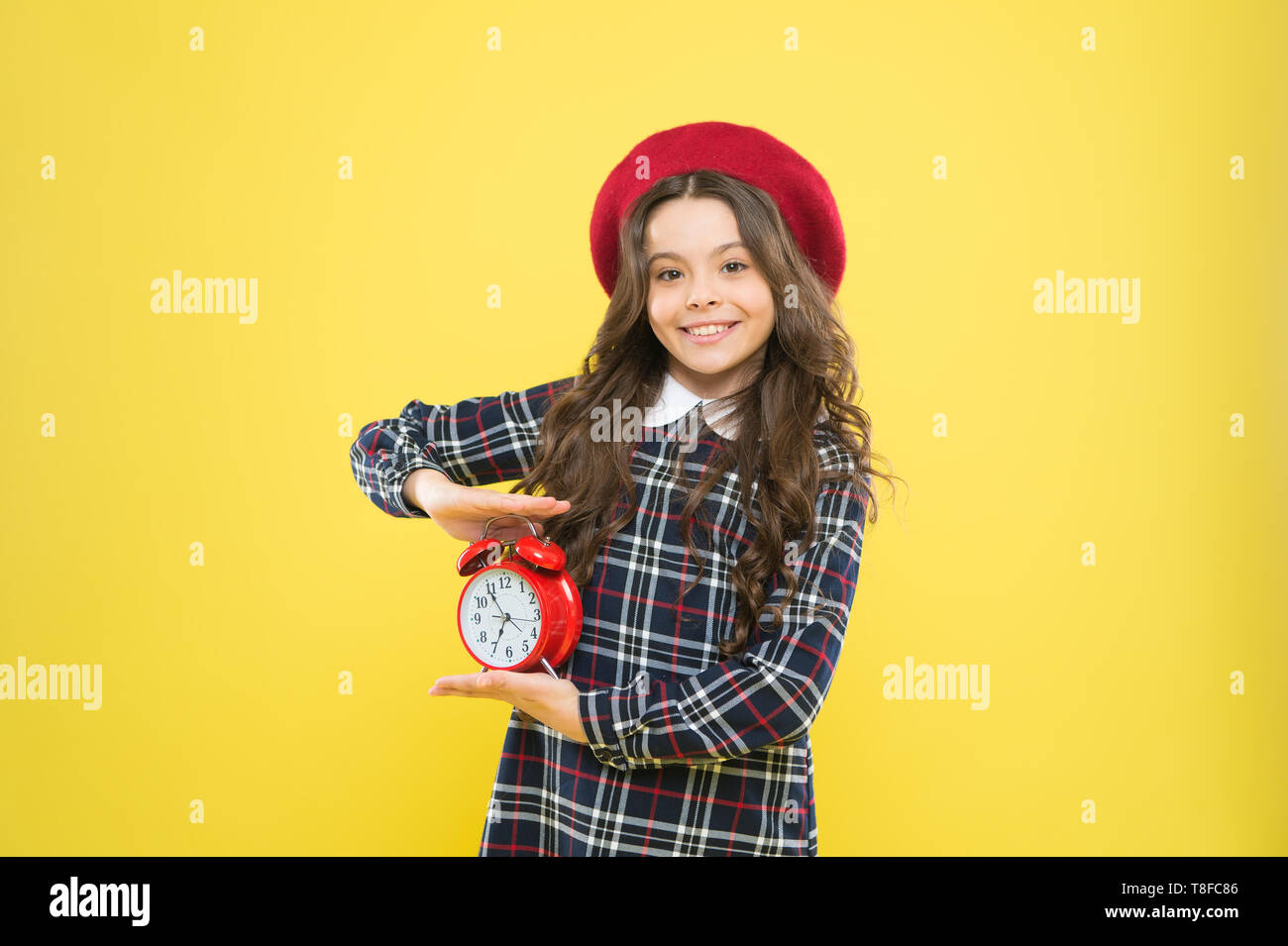 Happy hours concept. Schedule and timing. Girl with alarm clock. Set up ...