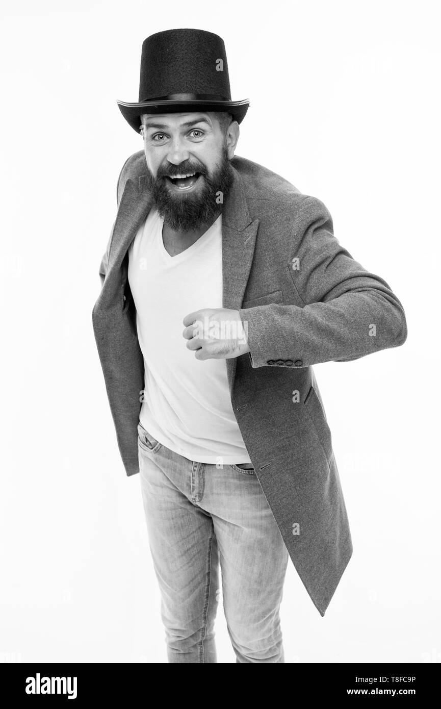 Man bearded guy cheerful face solve problem as magician. Magician ...