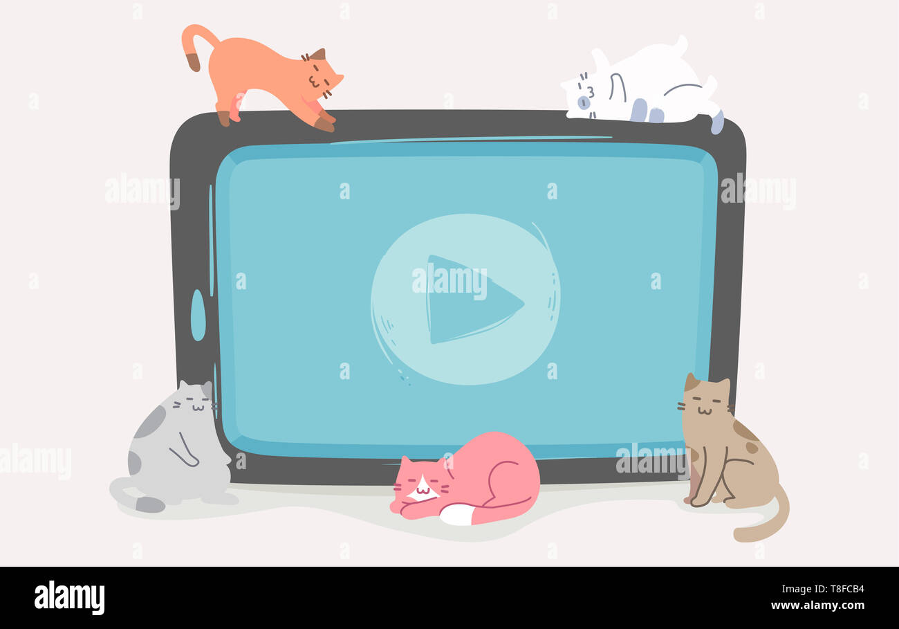 Illustration of Different Cats Playing with a Computer Tablet or Mobile ...