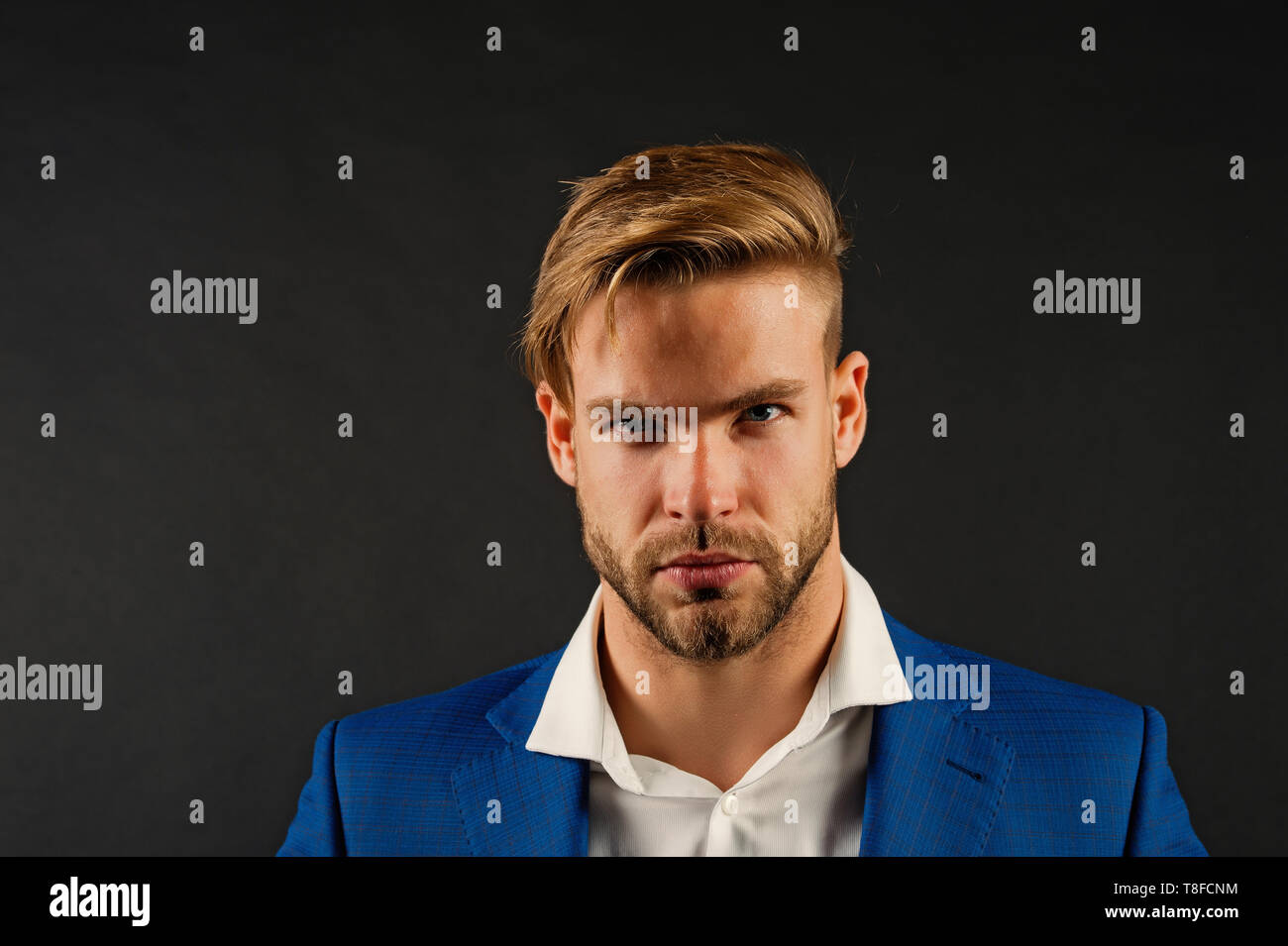 Feeling stressed after hard working day. Man bearded strict unhappy ...