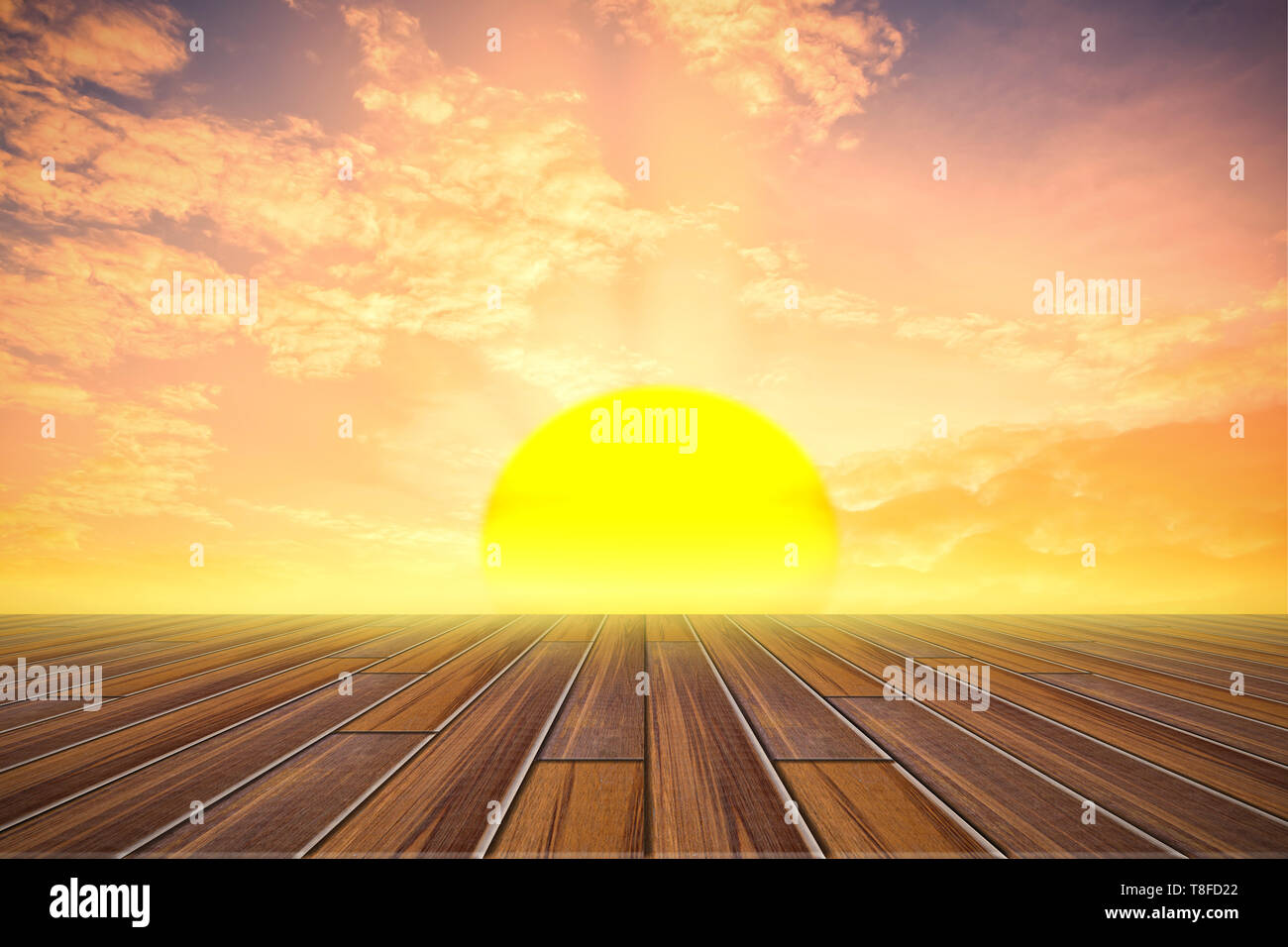 Sunset scene with wooden floor Stock Photo - Alamy