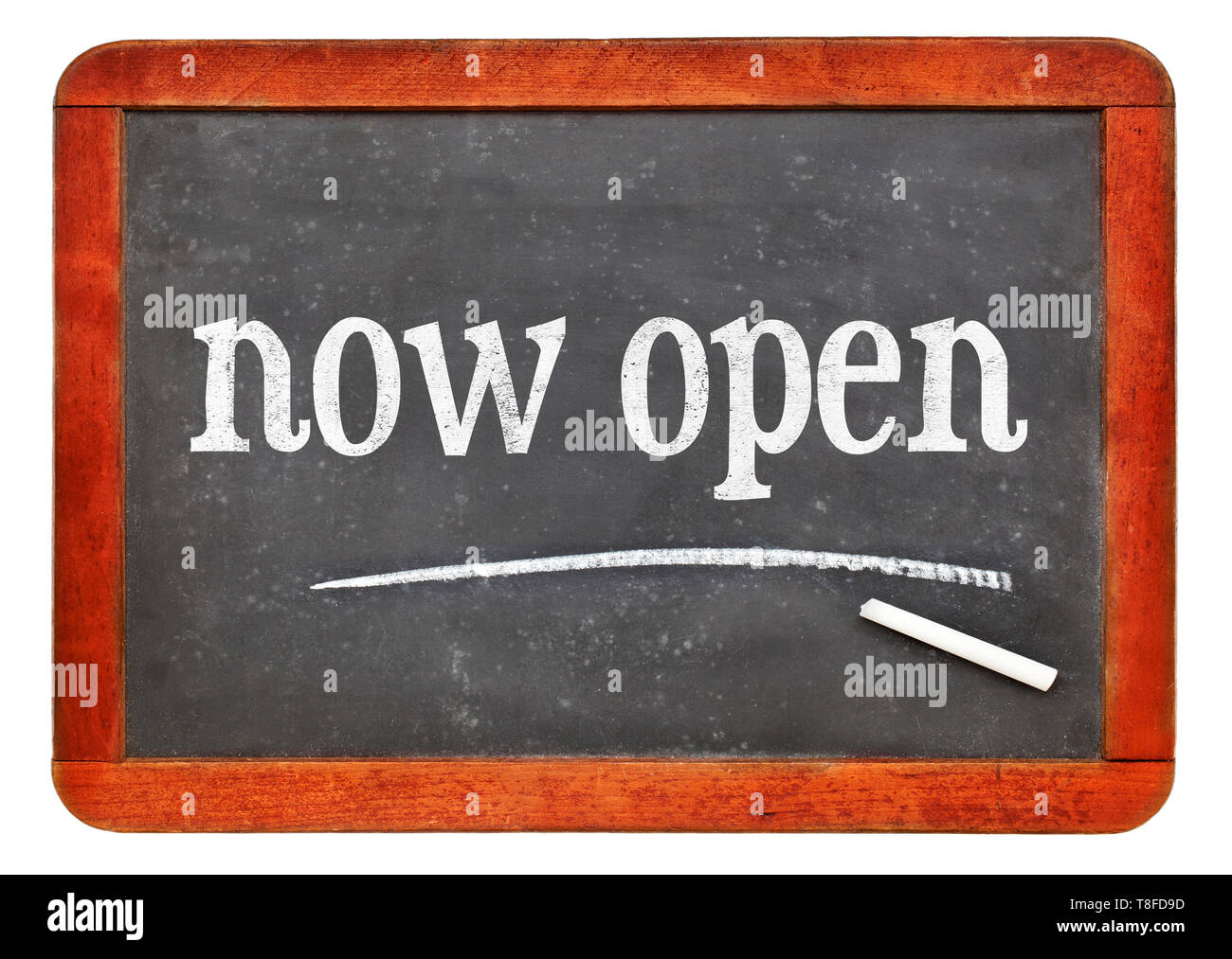 now open blackboard sign - white chalk text on a vintage slate ...