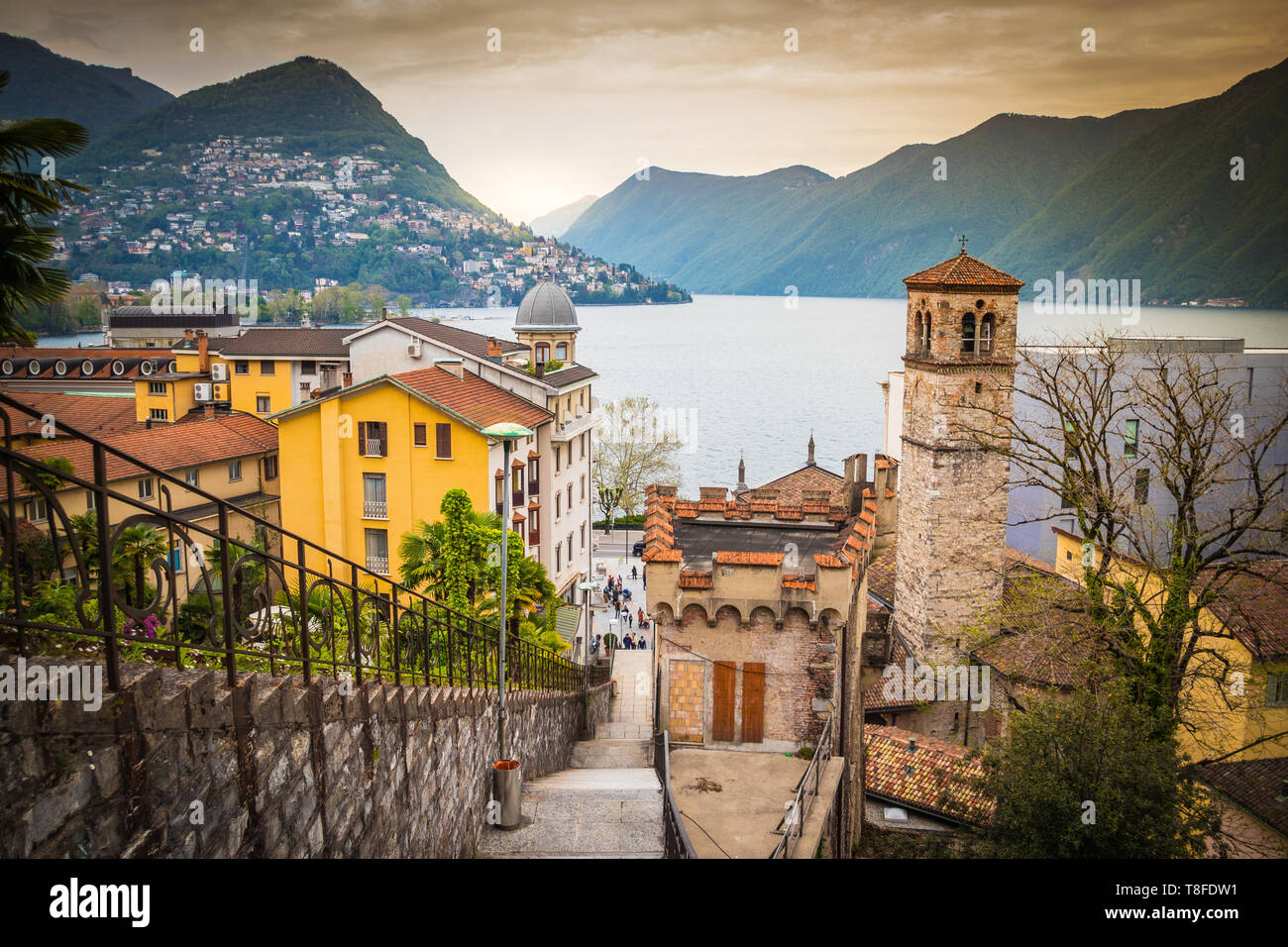 Aerial view of lake lugano and the city of lugano hi-res stock ...