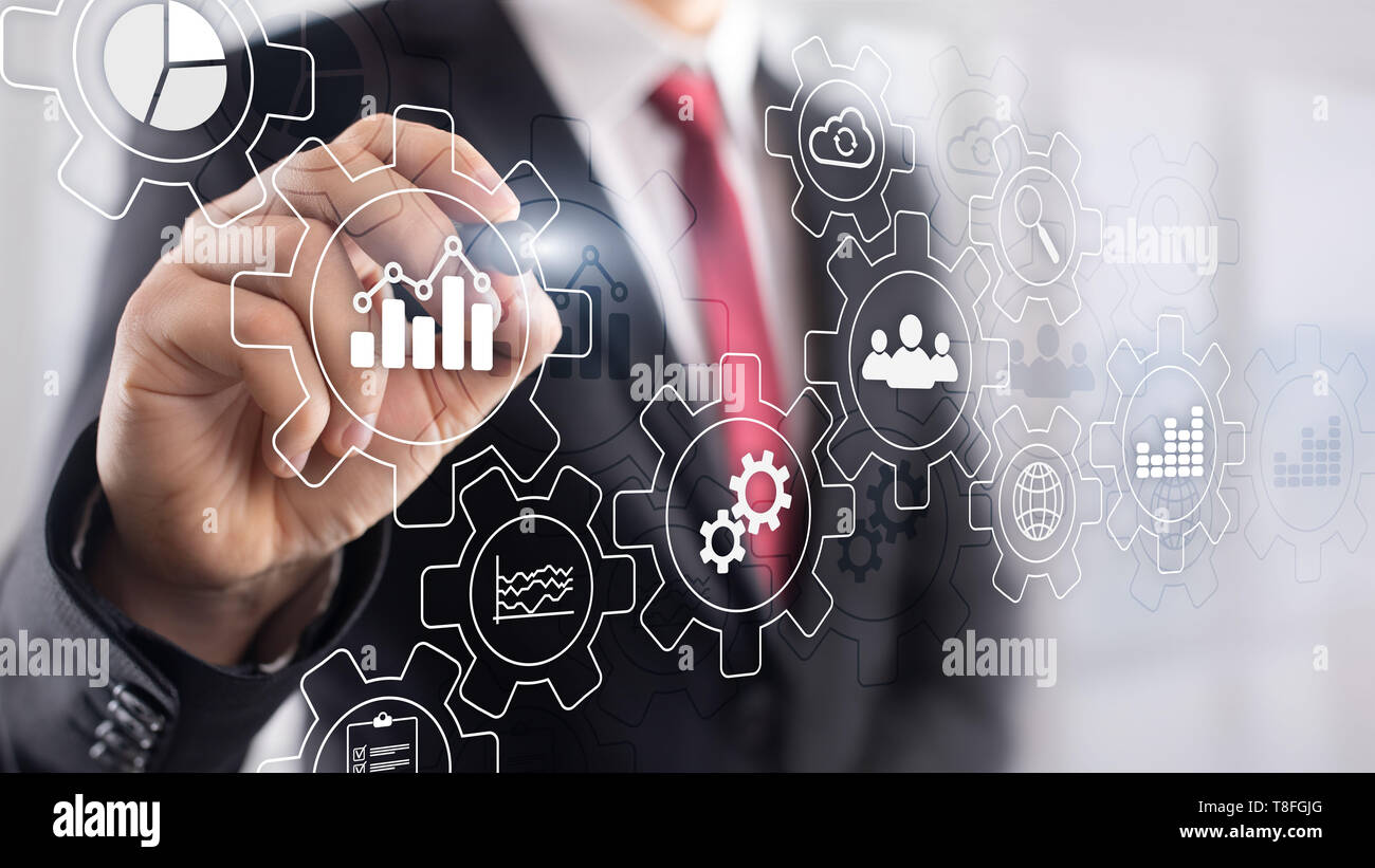 Business process abstract diagram with gears and icons. Workflow and ...