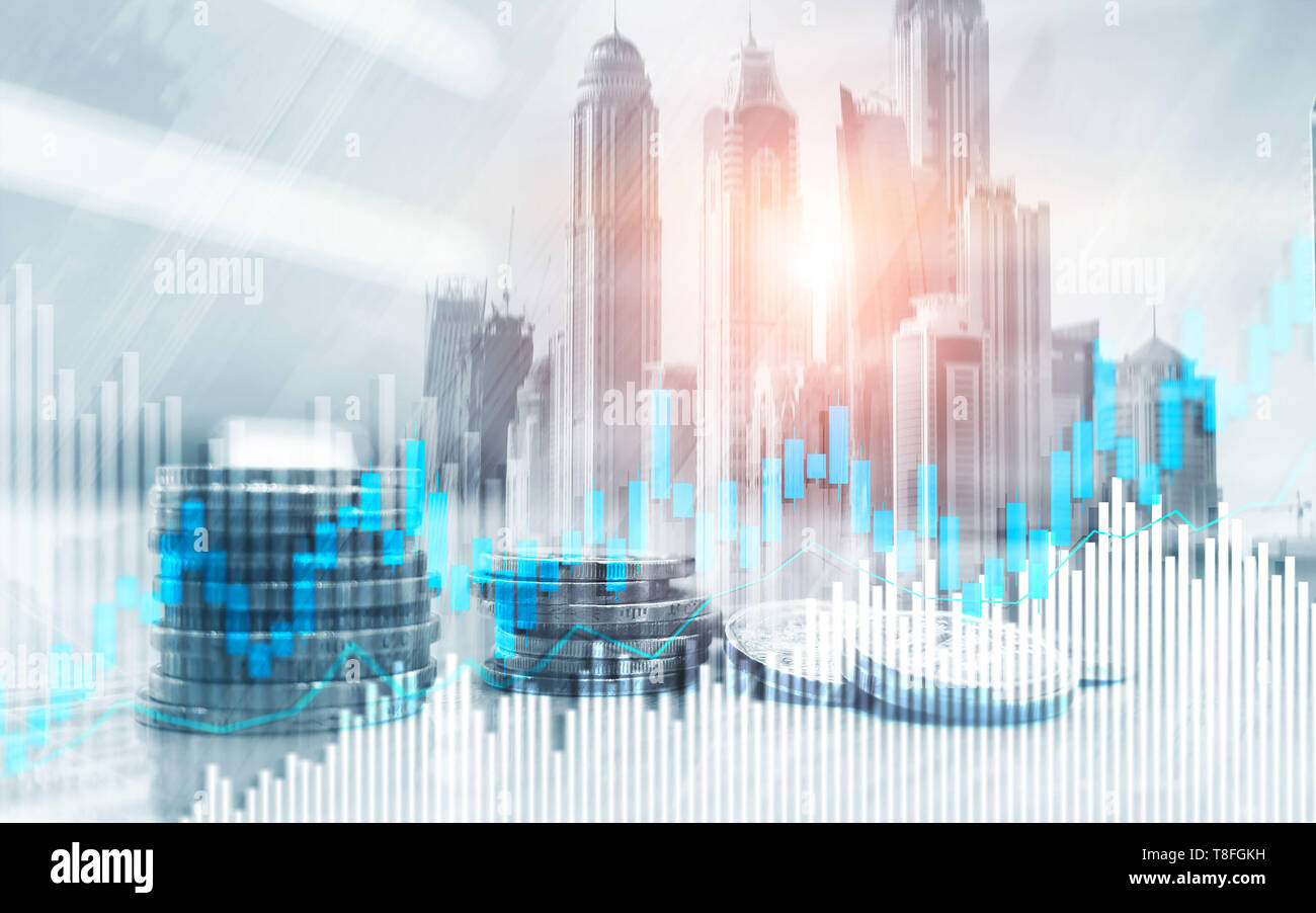 Stock trading candlestick chart and diagrams. Abstract double exposure ...