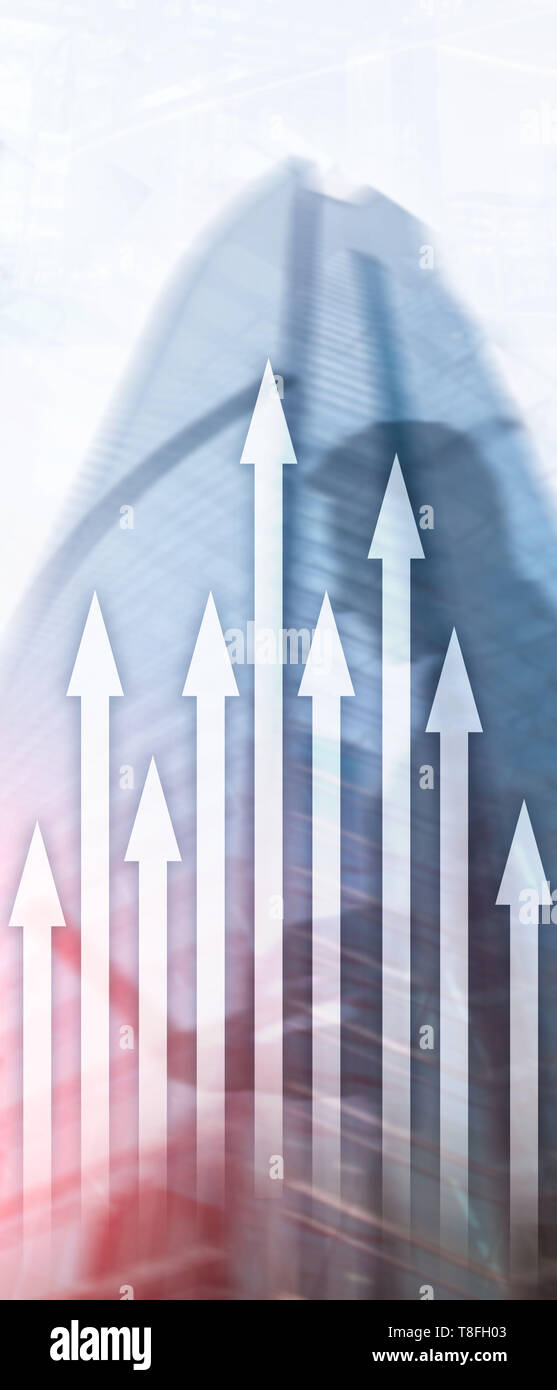 Vertical Panorama Banner. Up arrow graph on skyscraper background ...