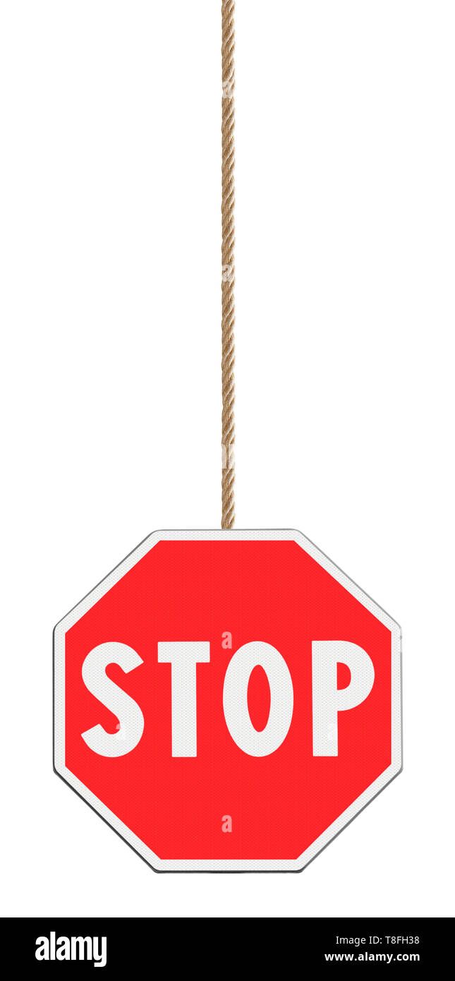 Arrow sign isolated on white background hanging from a rope indicating ...