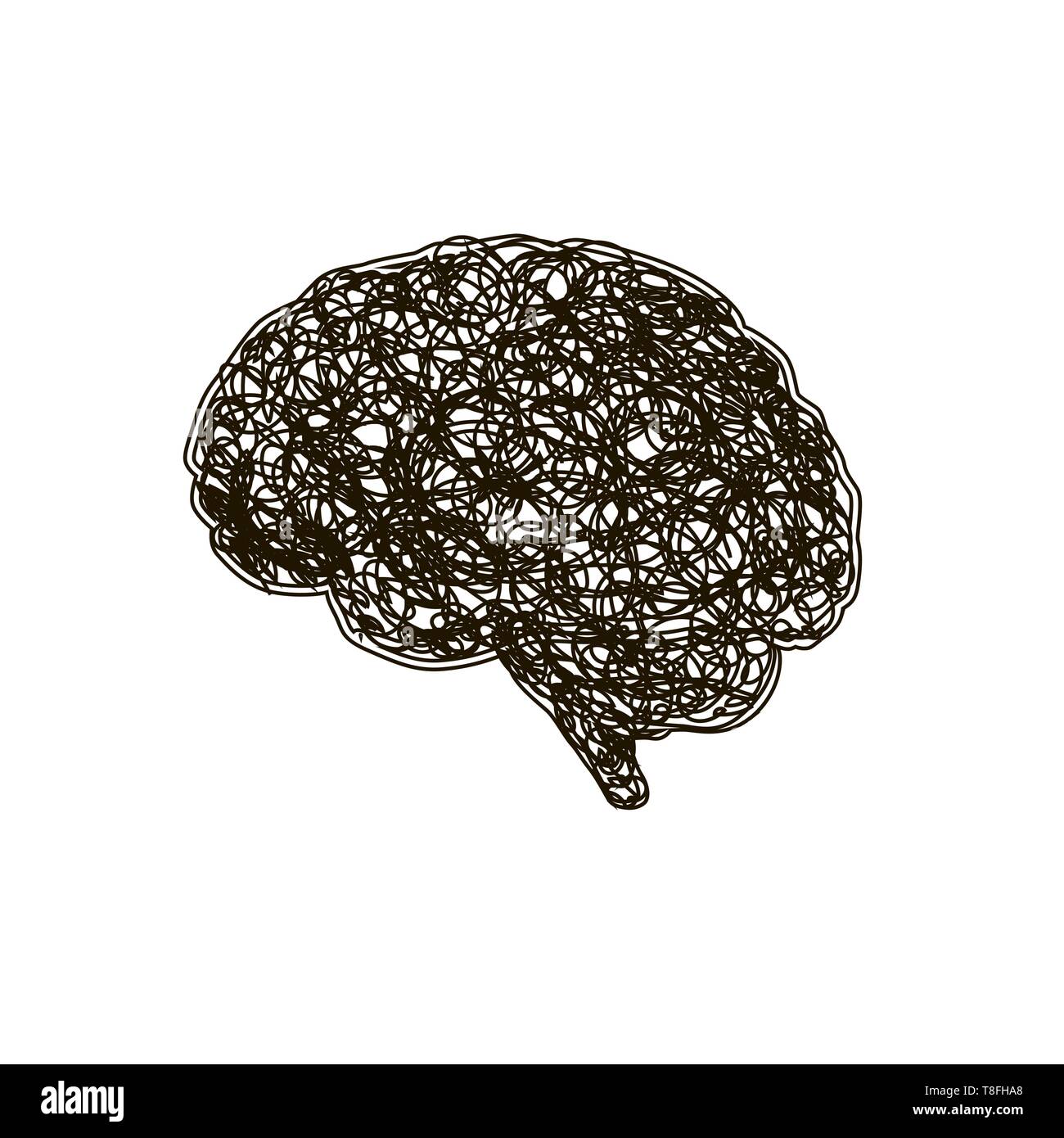 Human brain with round messy doodle hatching, stress concept on white ...
