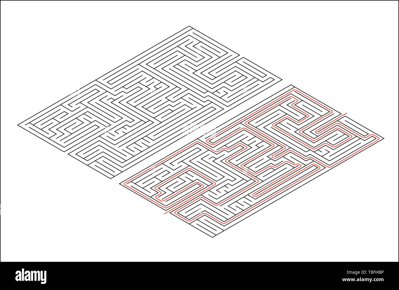Rectangular maze of medium complexity in isometric view isolated on white and solution with red ...