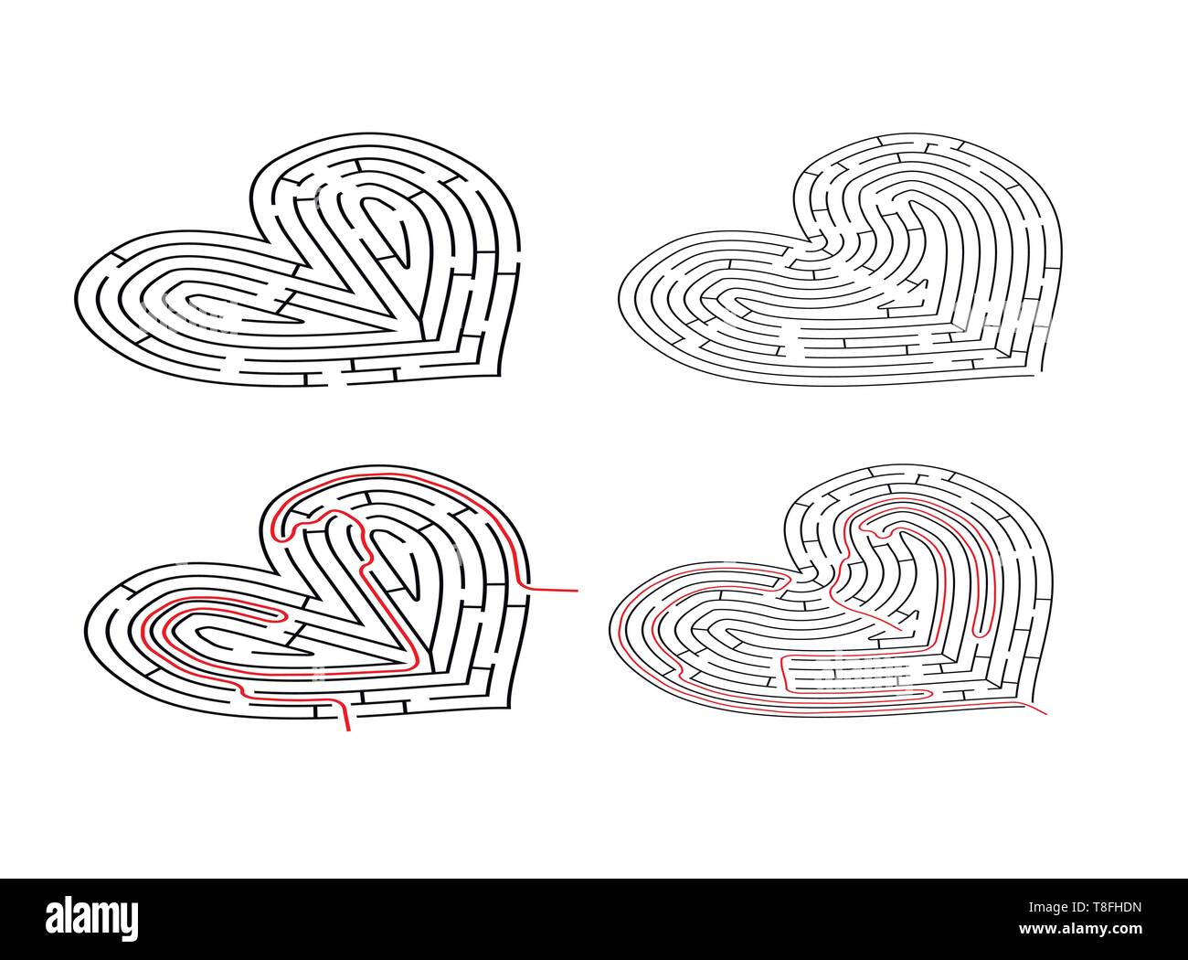 Two complicated mazes in heart shape, labyrinths with red path ...