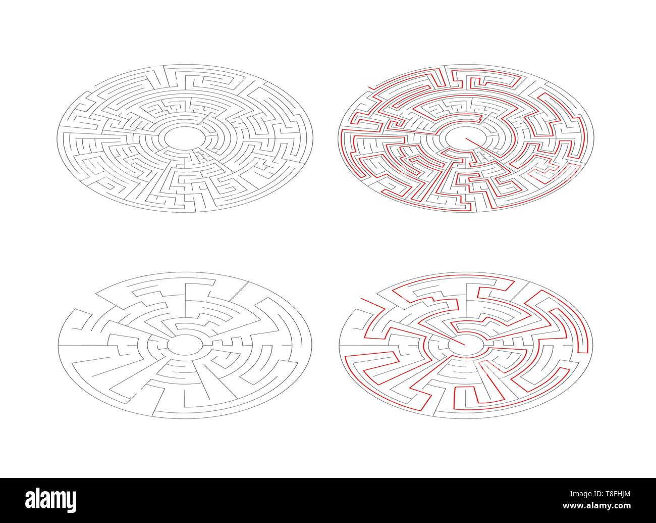 Two round mazes of medium complexity in isometric view isolated on white and solution with red ...