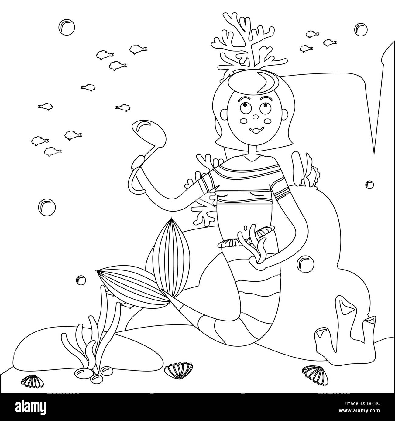 Coloring cartoon mermaid with soup ladle. Character on the background ...