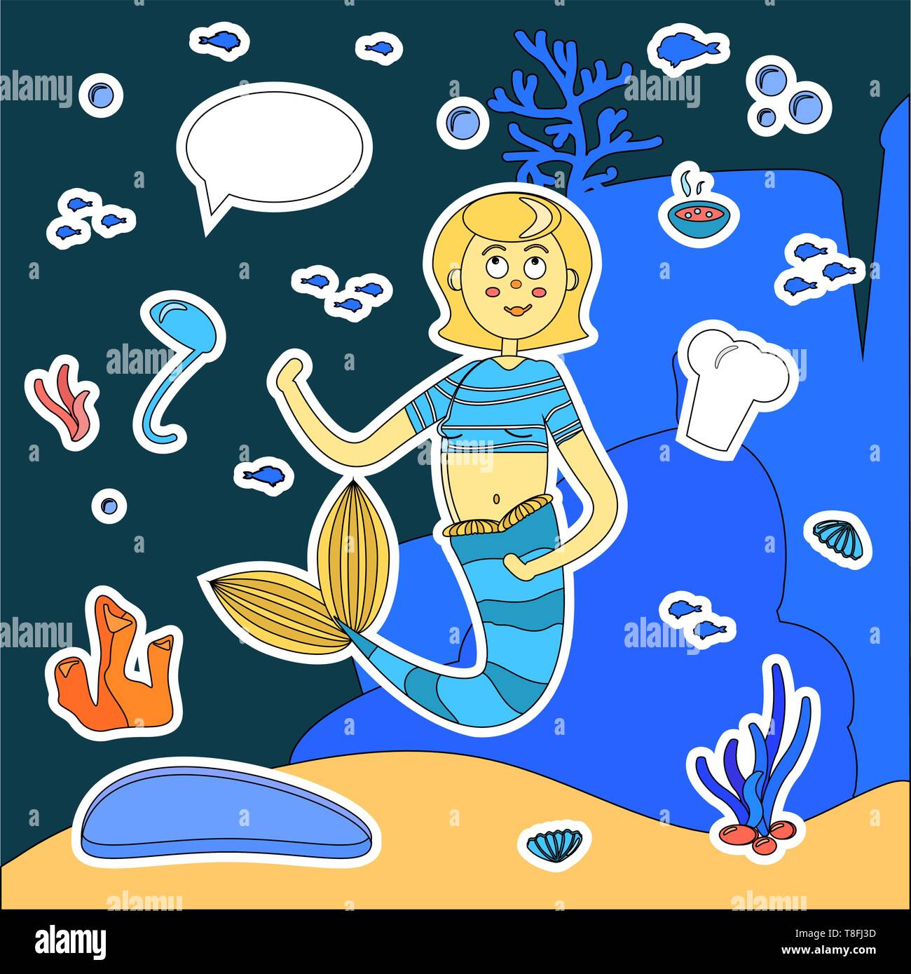 Stickers cartoon mermaid cook. soup ladle, chef cap, speech bubble ...