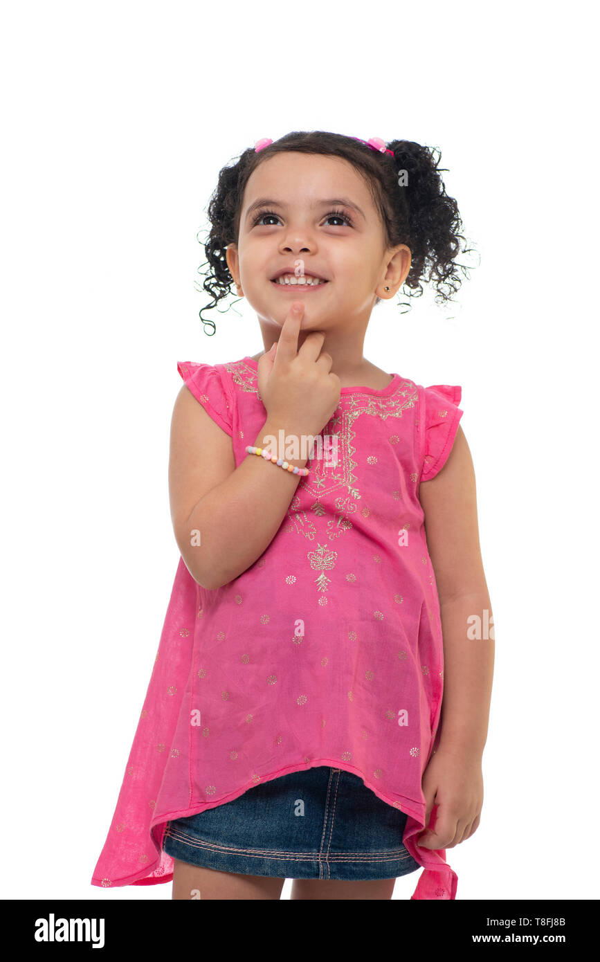 A Cute Beautiful Little Girl Looking Up, Thinking, Searching for Idea ...