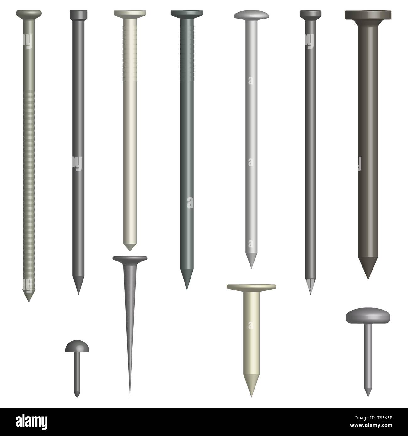 Set of various metal nails isolated on white background. Front view ...