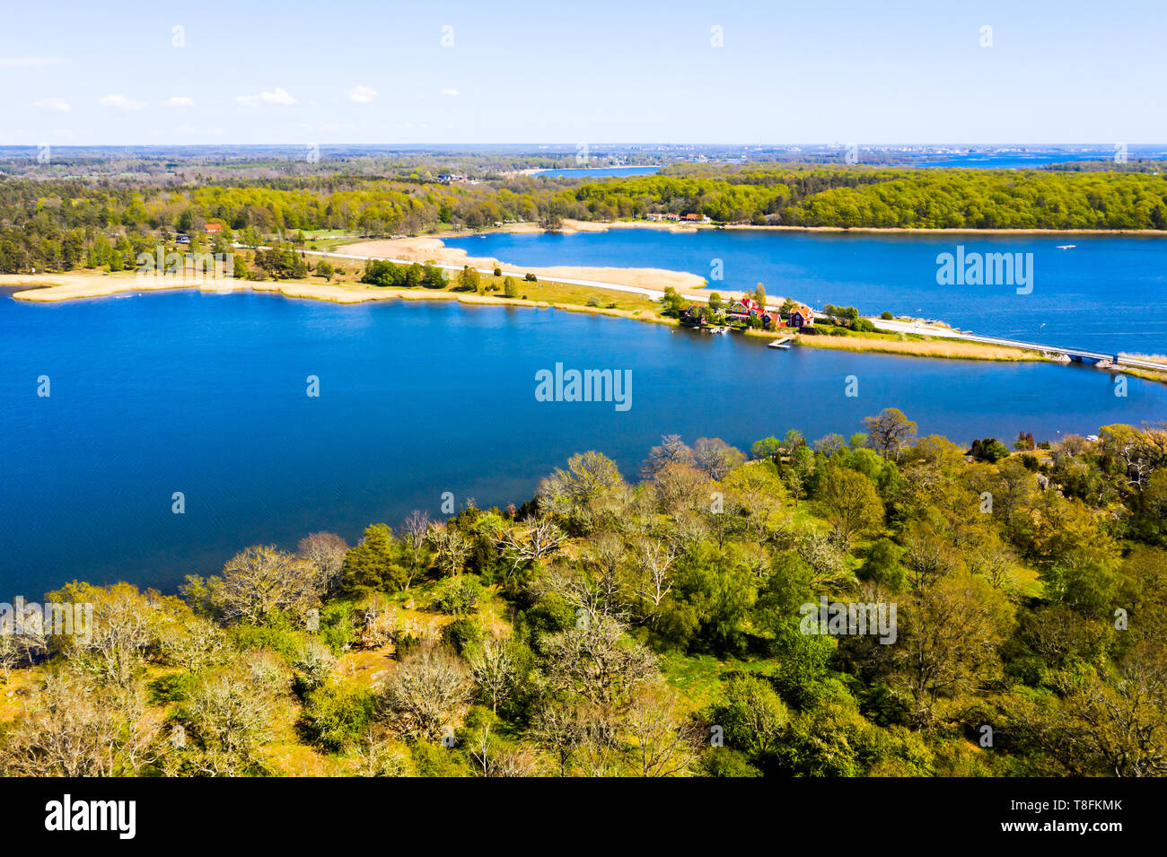 Aerial of the landscape surrounding Hjortahammar outside Ronneby in ...
