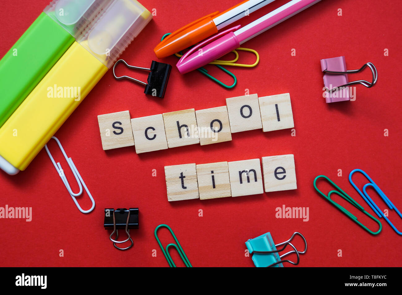 School time words over a kid's school desk, close up Stock Photo - Alamy
