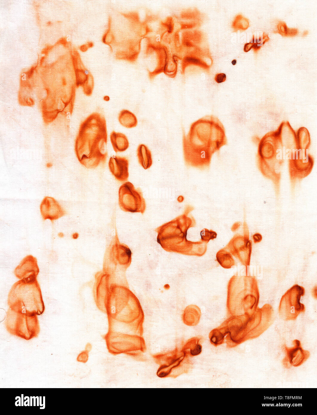 Rusty spots on cloth. Smooth smoky contours, bright rust color, fabric ...