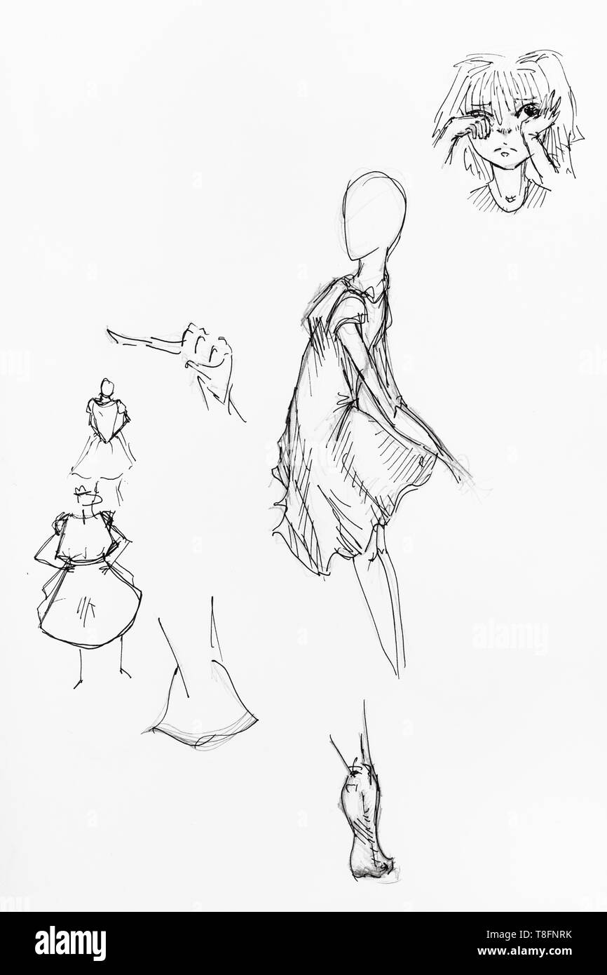 sketches of female figures in short dresses, girl's head and foot hand ...