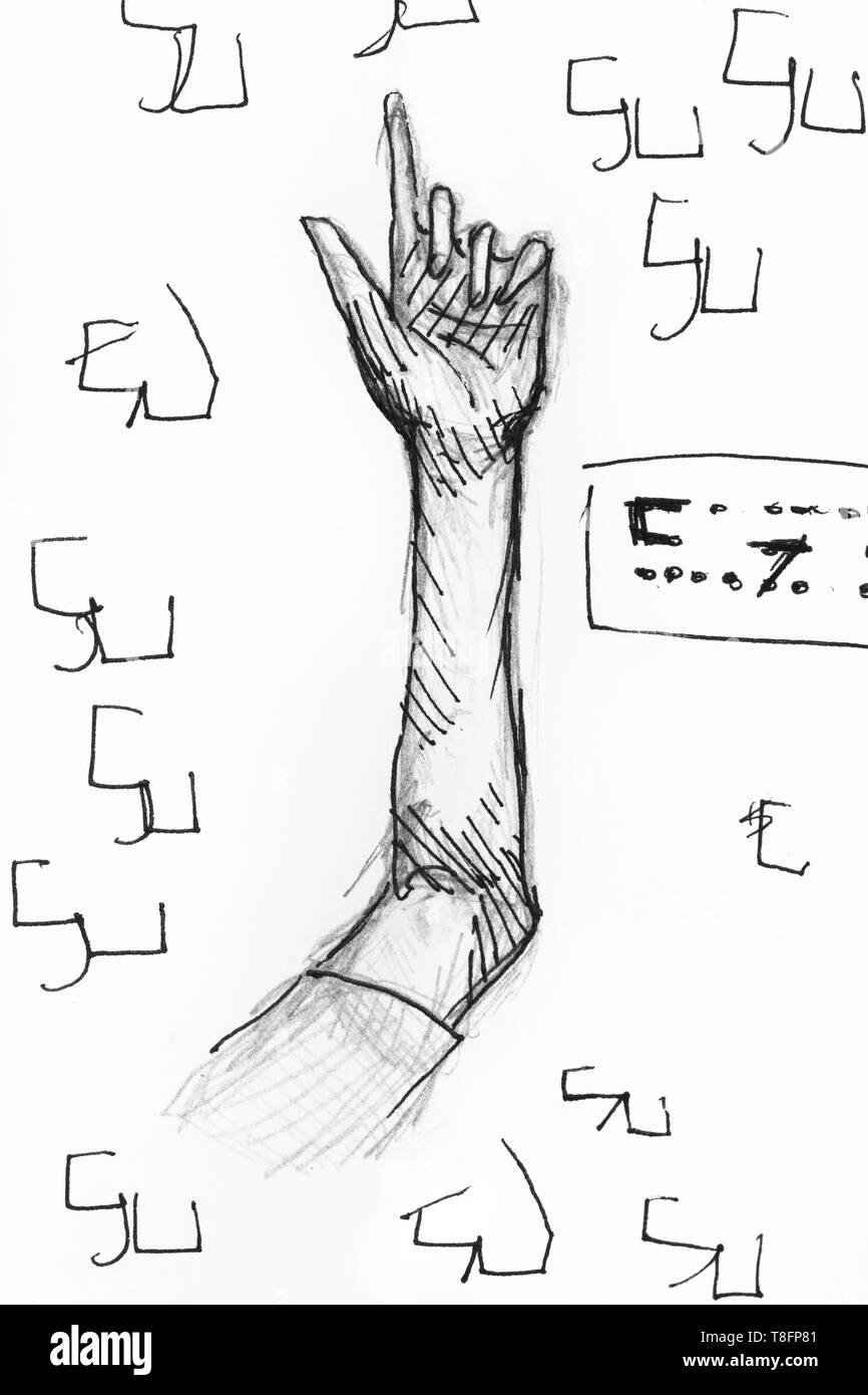 sketch of arm with raised finger and abstract ornament hand-drawn by ...
