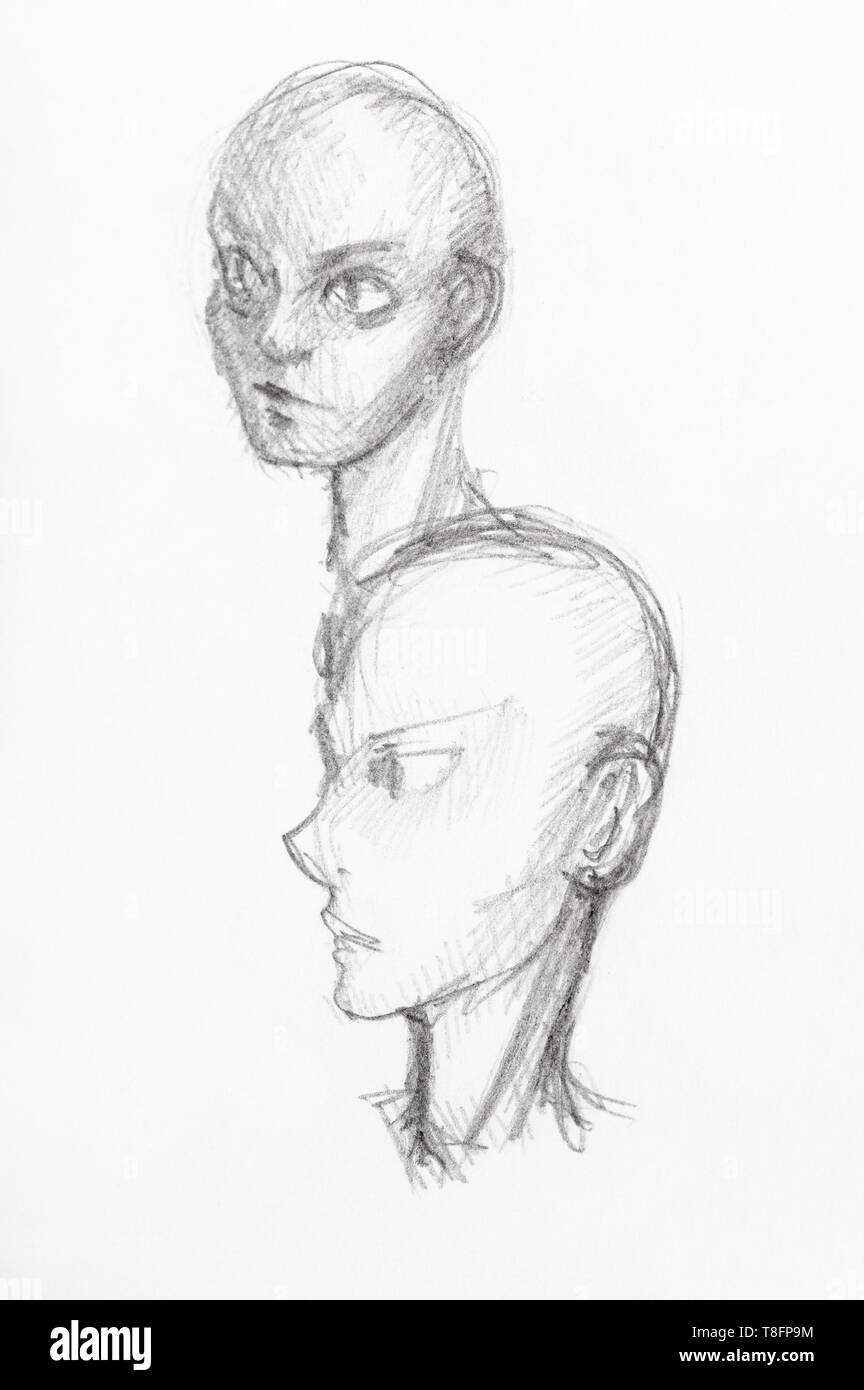 sketches of bald heads of skinny teenagers with hand-drawn by black ...
