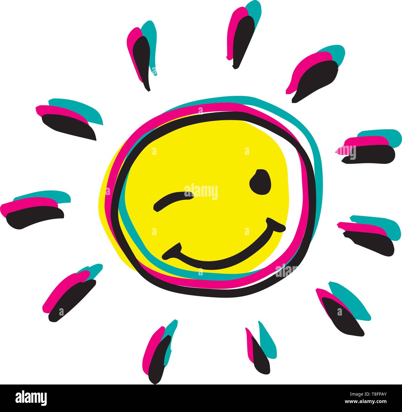 Happy winking colorful sun in cool childish vector style. Hand drawn ...