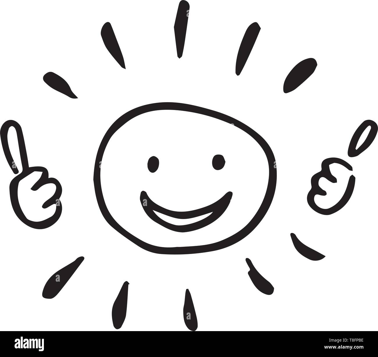 Black and white hand drawing of a sun with two thumbs up Stock Vector ...