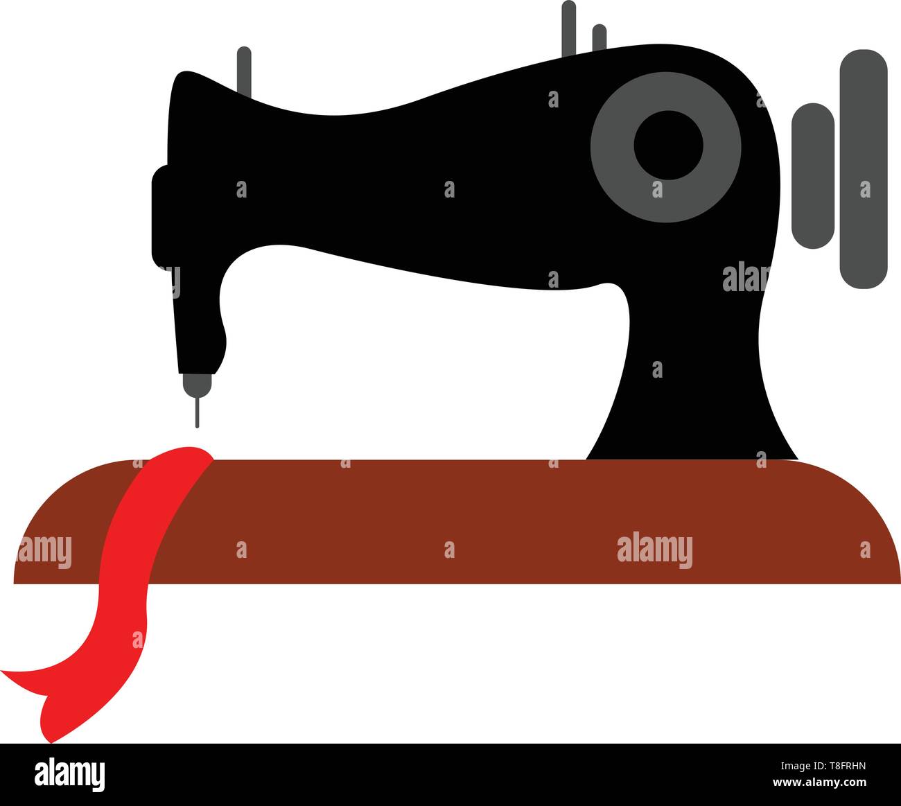 A sewing machine with the needle sewing red-colored ribbon-like ...