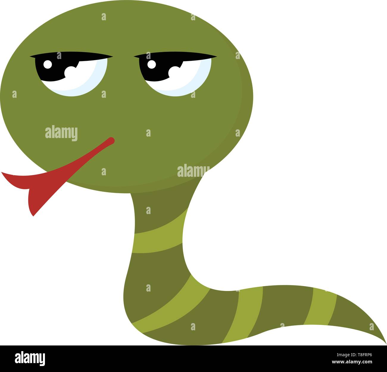 A slithering green snake with head raised has a forked red tongue and ...