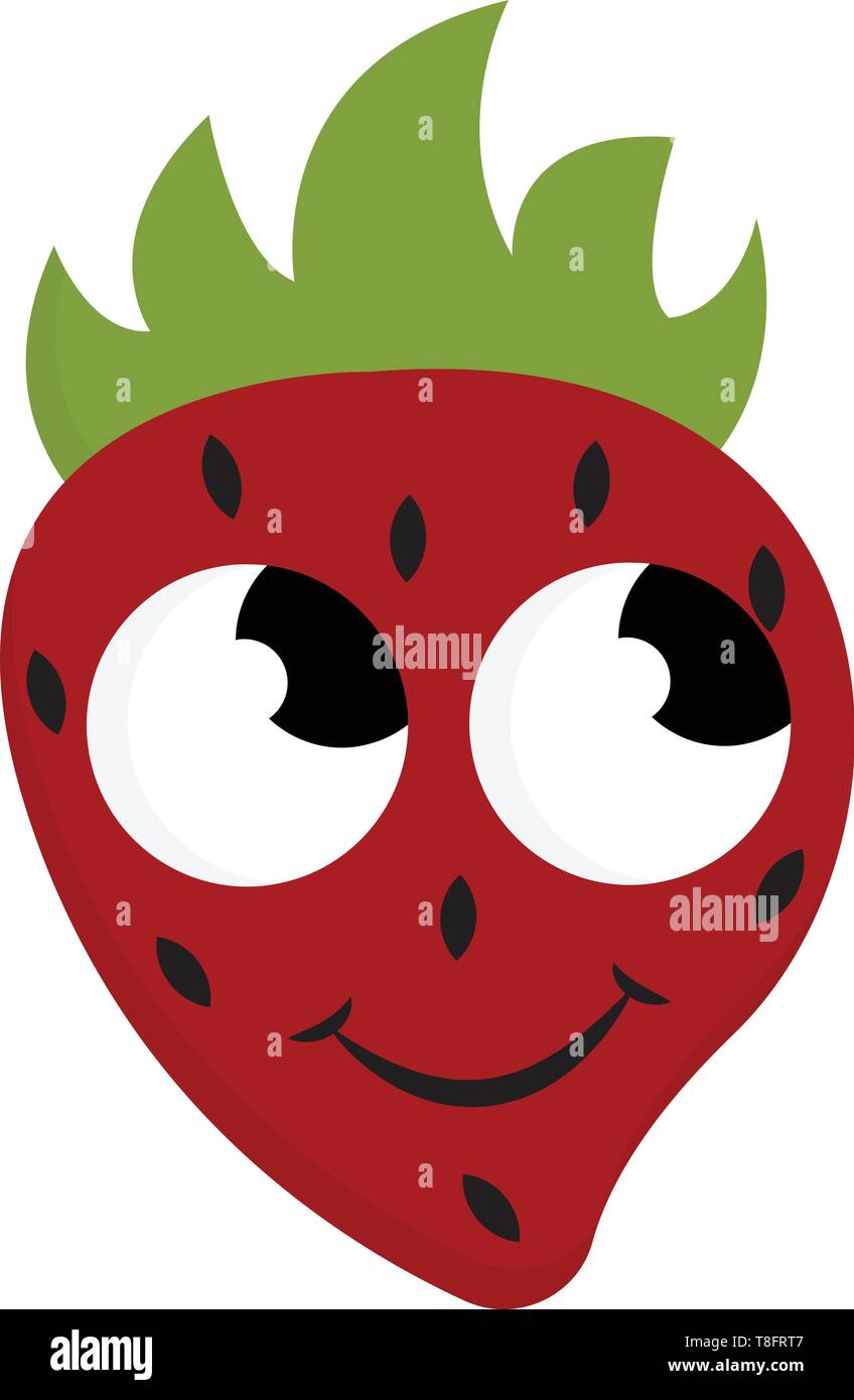 The red strawberry with black patches topped with green leaf has a cute ...