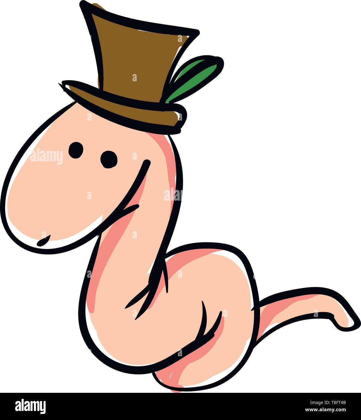 A pink worm in a brown hat stuck with oval-shaped green leaf has two ...